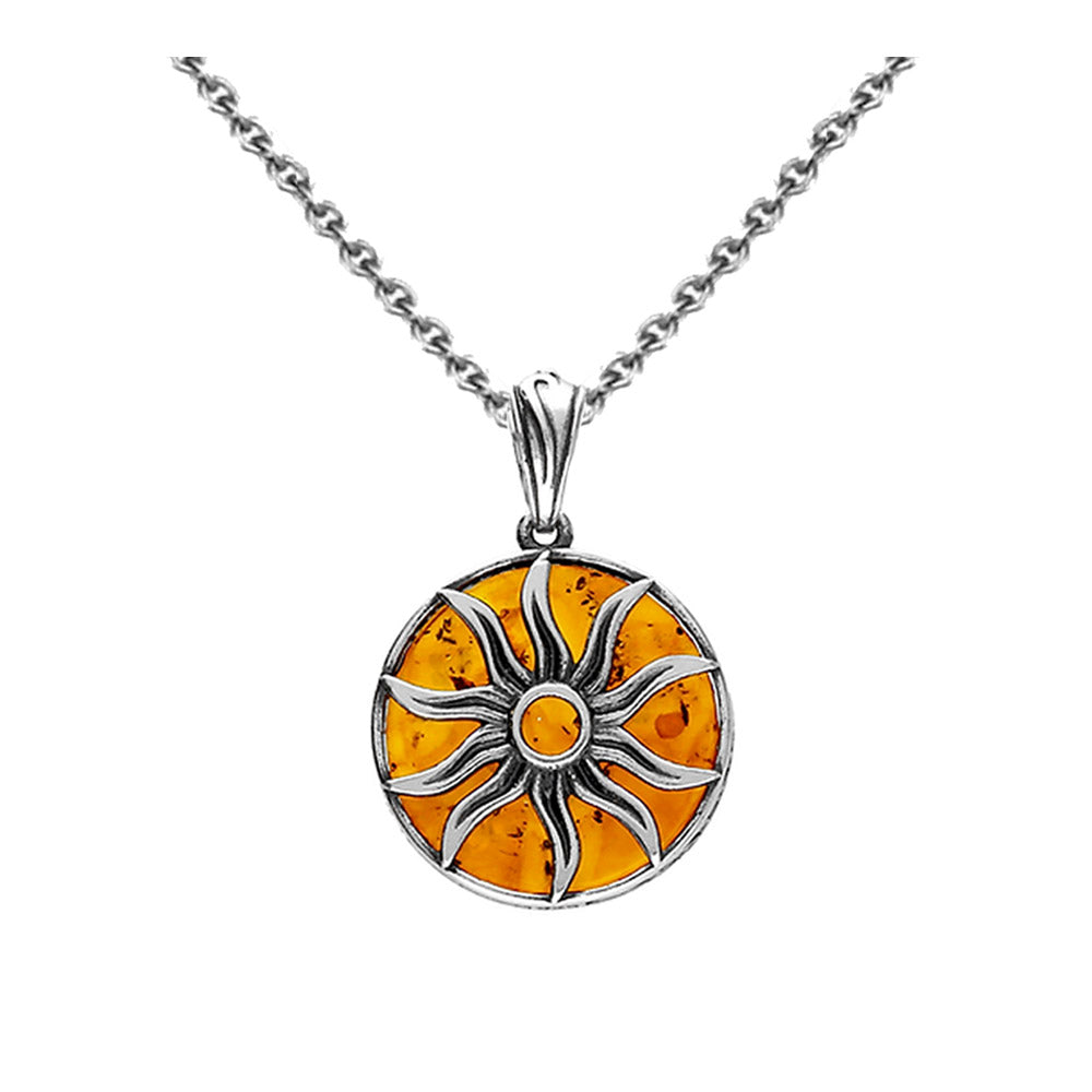 Amber Sun Necklace, Sterling Silver Sun Pendant Amber Stone – SilverfireUK